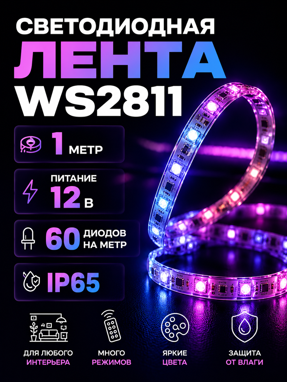 Светодиодная лента PrestigeLamps WS2811 RGB 1 метр, 12В, 60 светодиодов/м, IP65 (влагостойкая), цветная подсветка