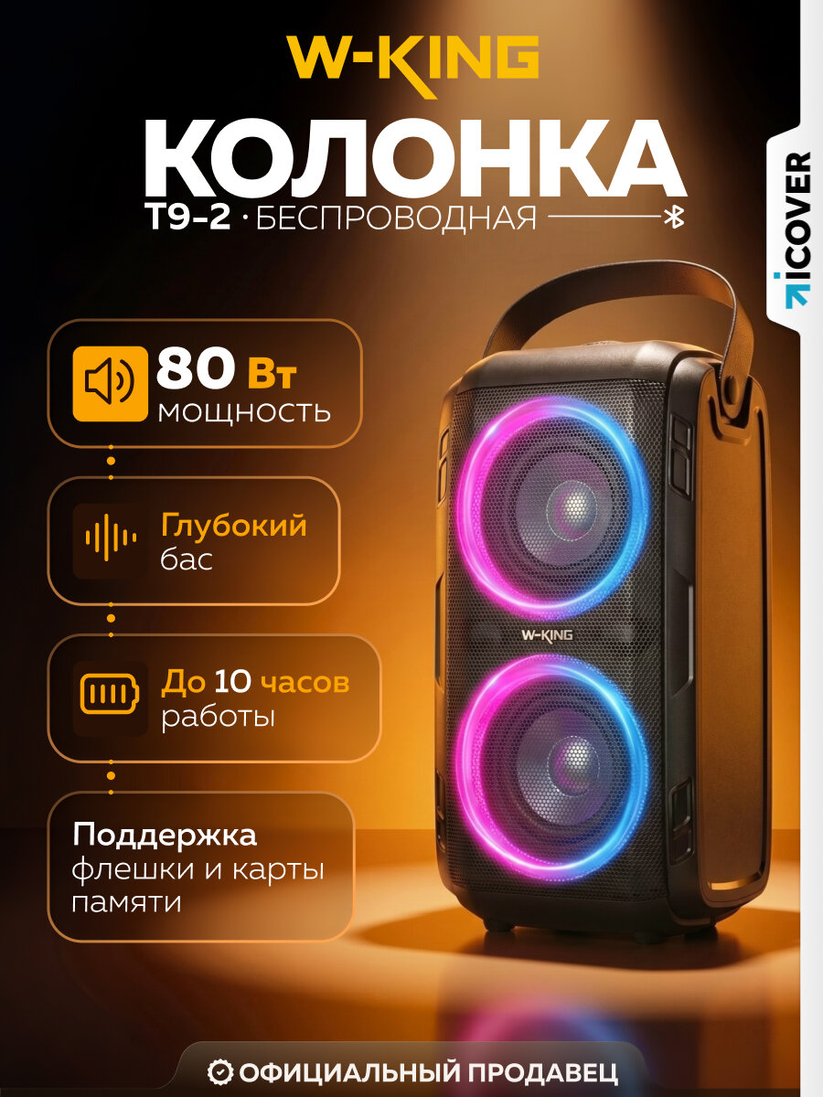 Колонка портативная Bluetooth с караоке системой W-KING T9-2, большая, мощная, 80 Вт, IPX5, Black