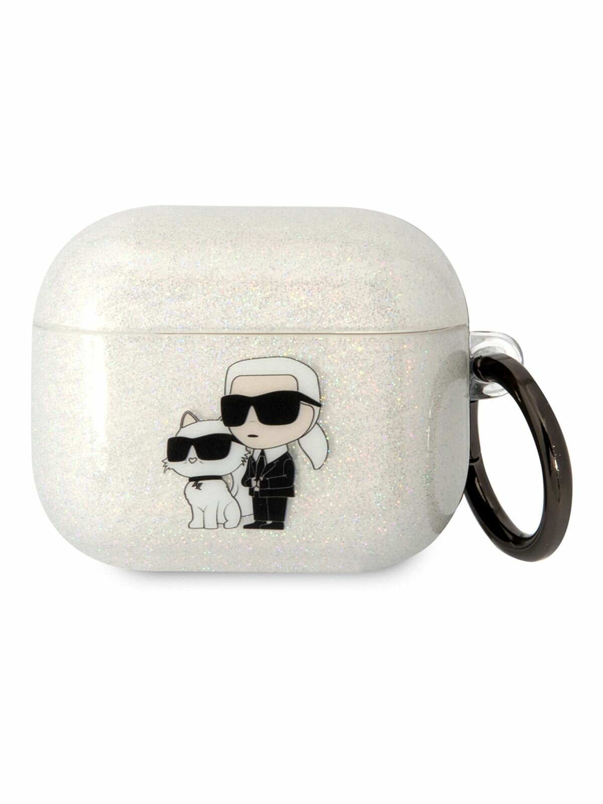 Чехол Karl Lagerfeld TPU Glitters для наушников Apple Airpods 3 / Аирподс силиконовый, с карабином, с блестками и принтом NFT Karl & Choupette, прозрачный