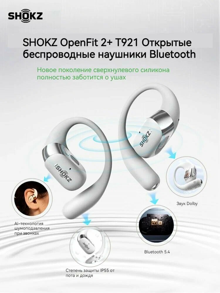 Беспроводные наушники Shokz OpenFit 2+(T921) с костной проводимостью, серебристый Silver