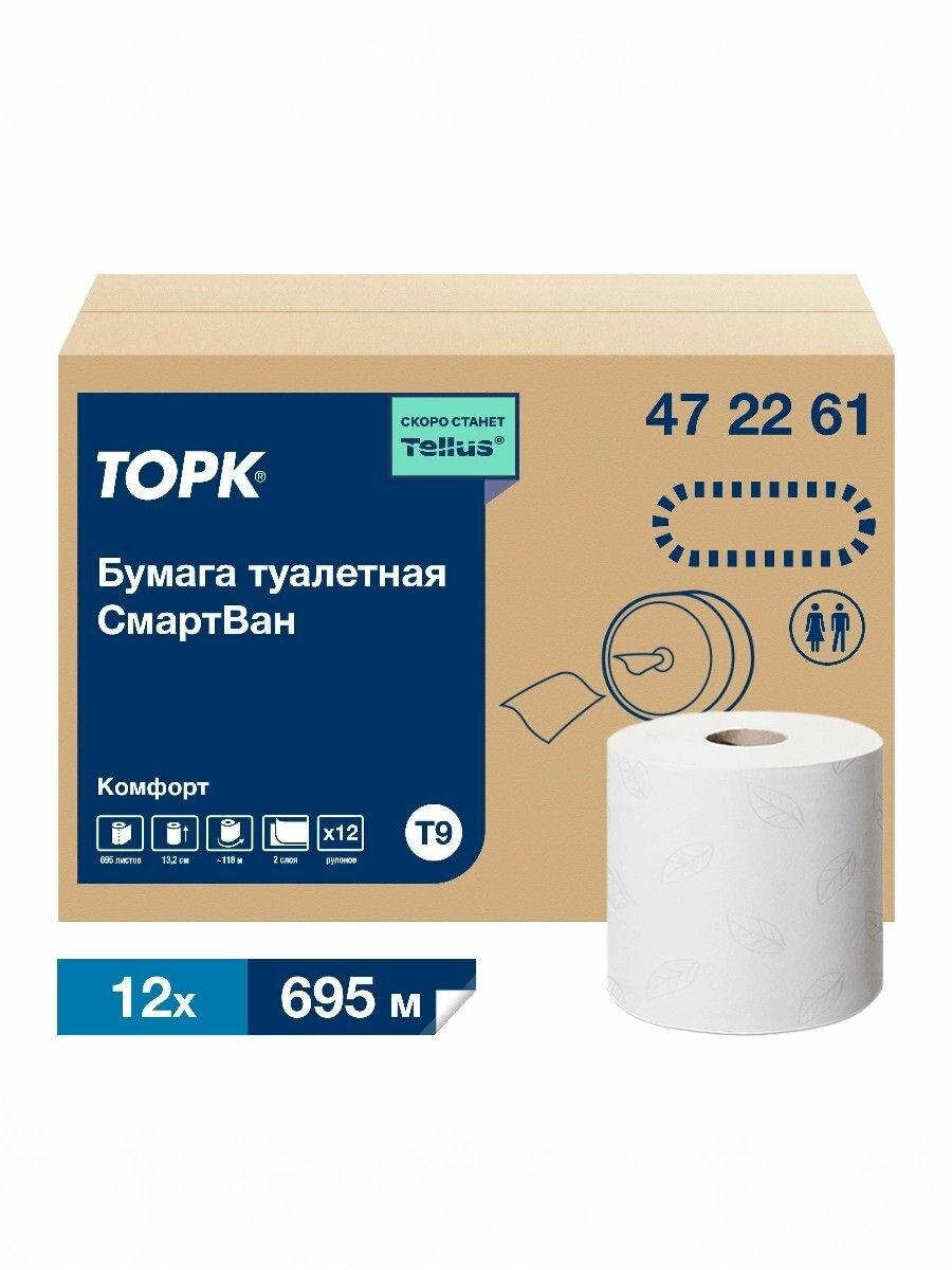 Туалетная бумага Tellus (Tork) SmartOne mini Advanced, в мини-рулонах мягкая, система T9, 130 м, 2 сл, белая, 12 рулонов (арт: 472261)