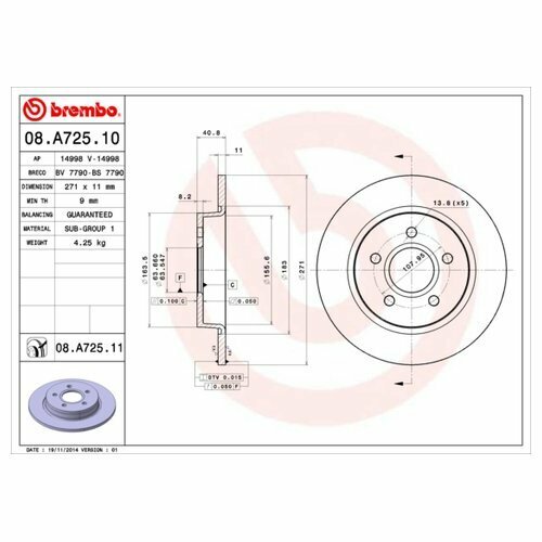 Тормозной диск задний Brembo 08A72511 для Ford Focus III