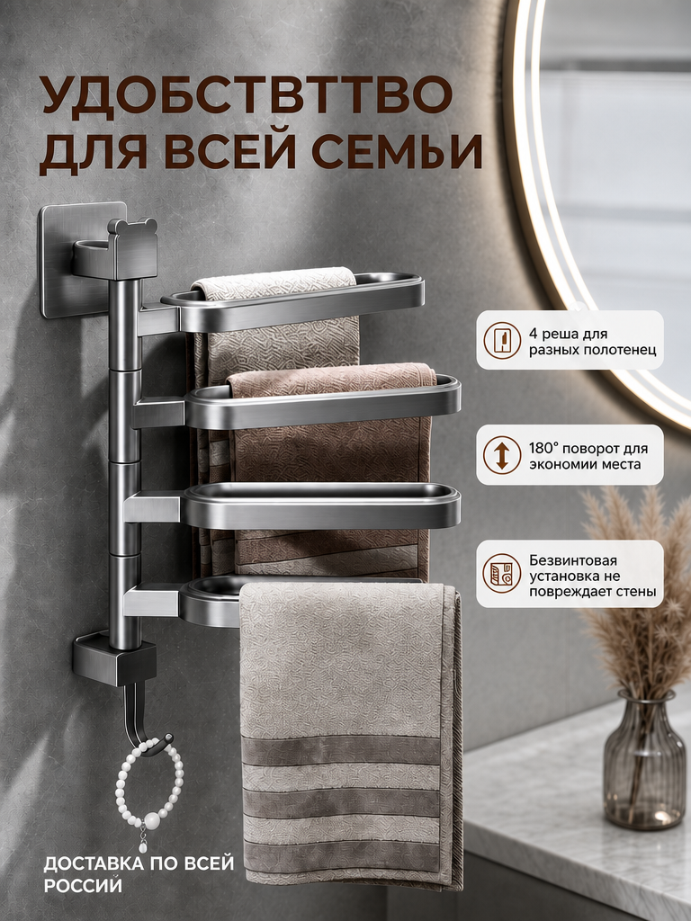 Вешалка для полотенец без проколов, вращающаяся, многостержневая