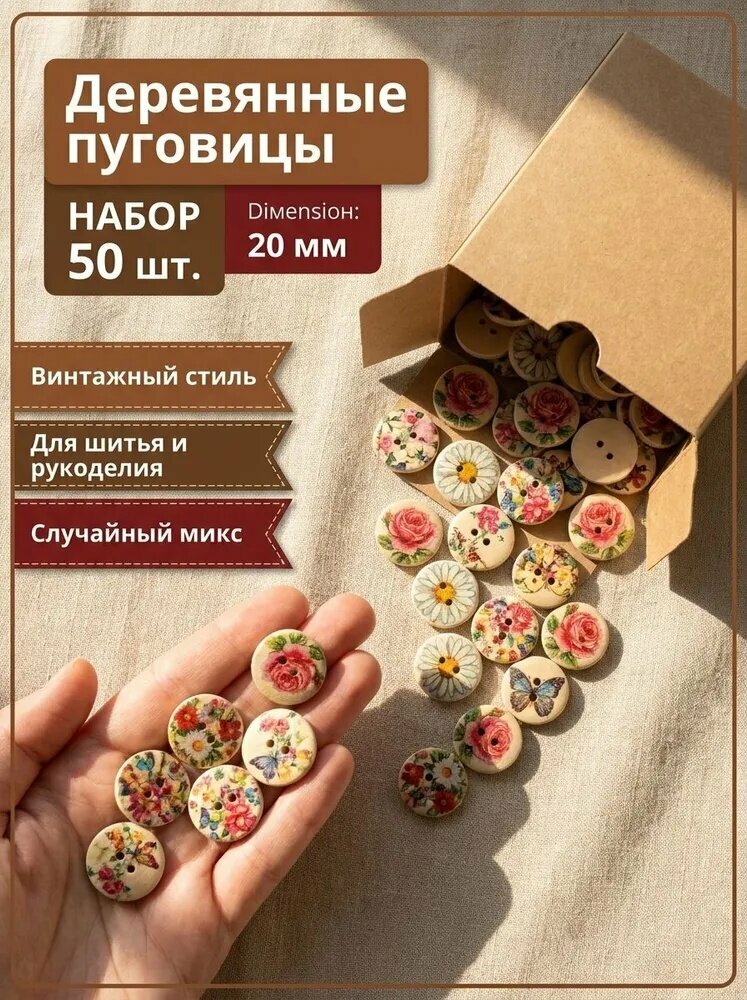 Набор деревянных пуговиц для шитья и рукоделия Винтажные цветы , 50 шт, 20 мм, декоративные пуговицы с 2 отверстиями для декора одежды и скрапбукинга