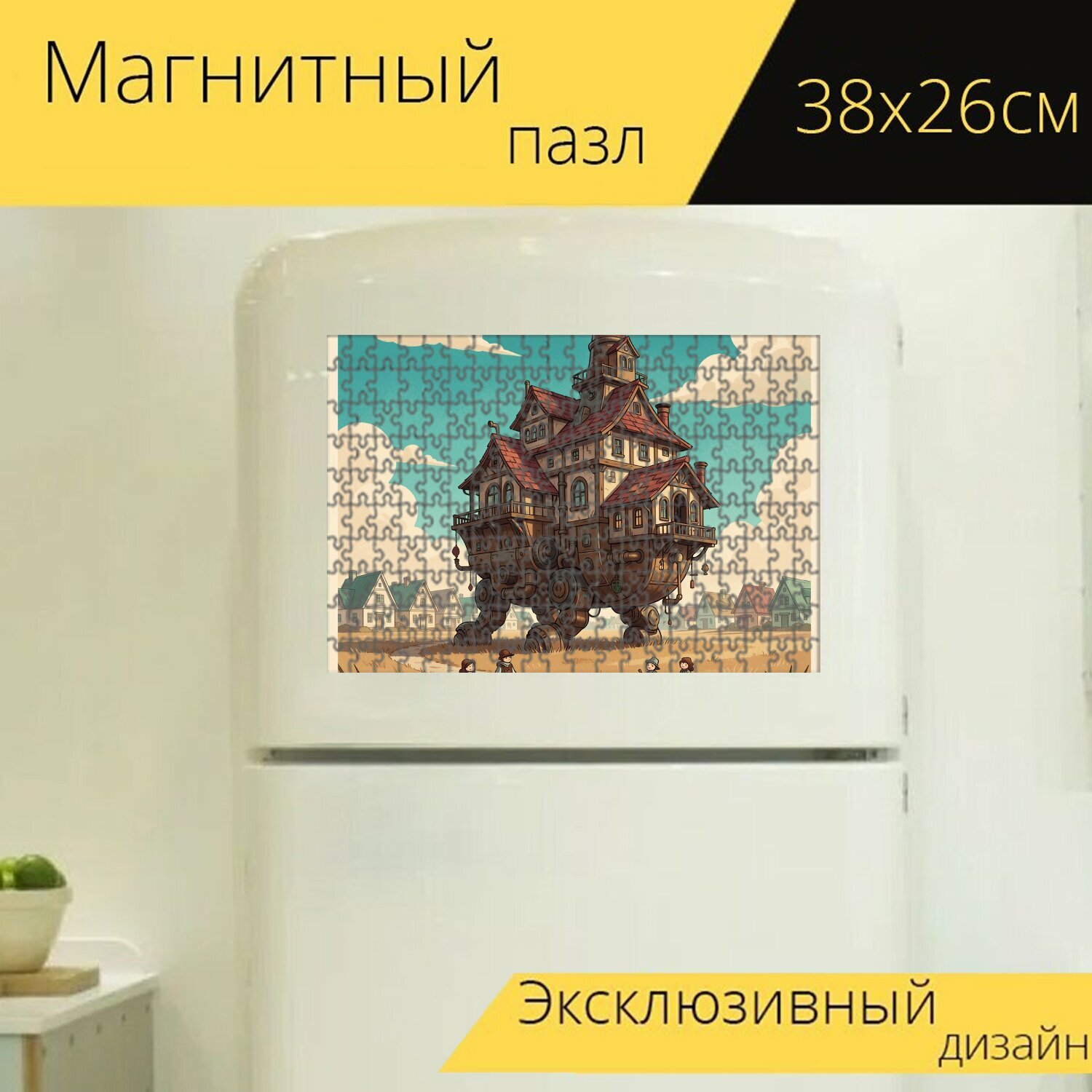 Магнитный пазл "Летающий дом на механических ногах. Сказочная фантазийная сцена: необычное жилище на огромных опорах шагает по золотому полю, вокруг." для интерьера, 38х26 см.