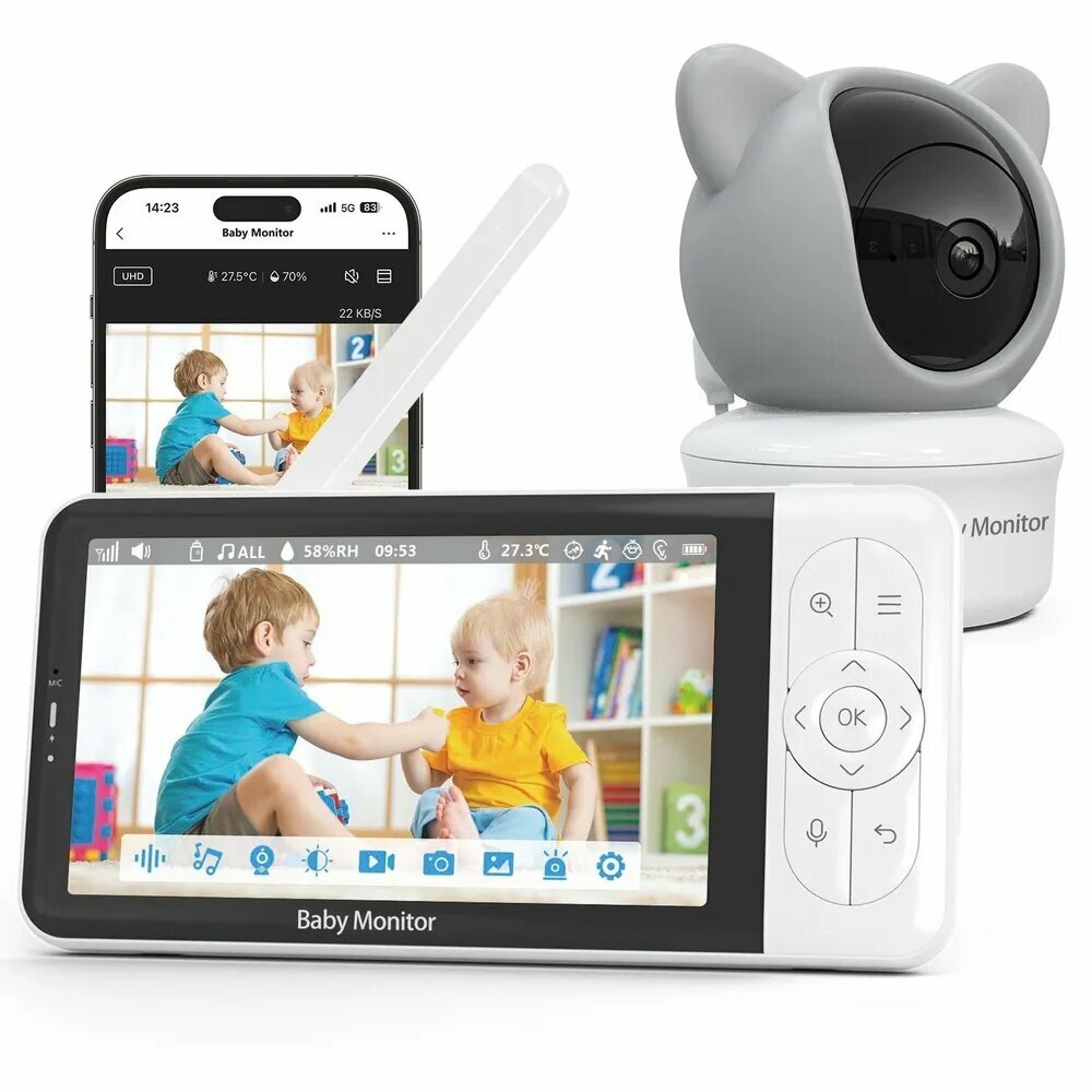Baby6TY Монитор младенца 5-дюймовый экран, ночное видение, колыбельная, обнаружение влажности и температуры