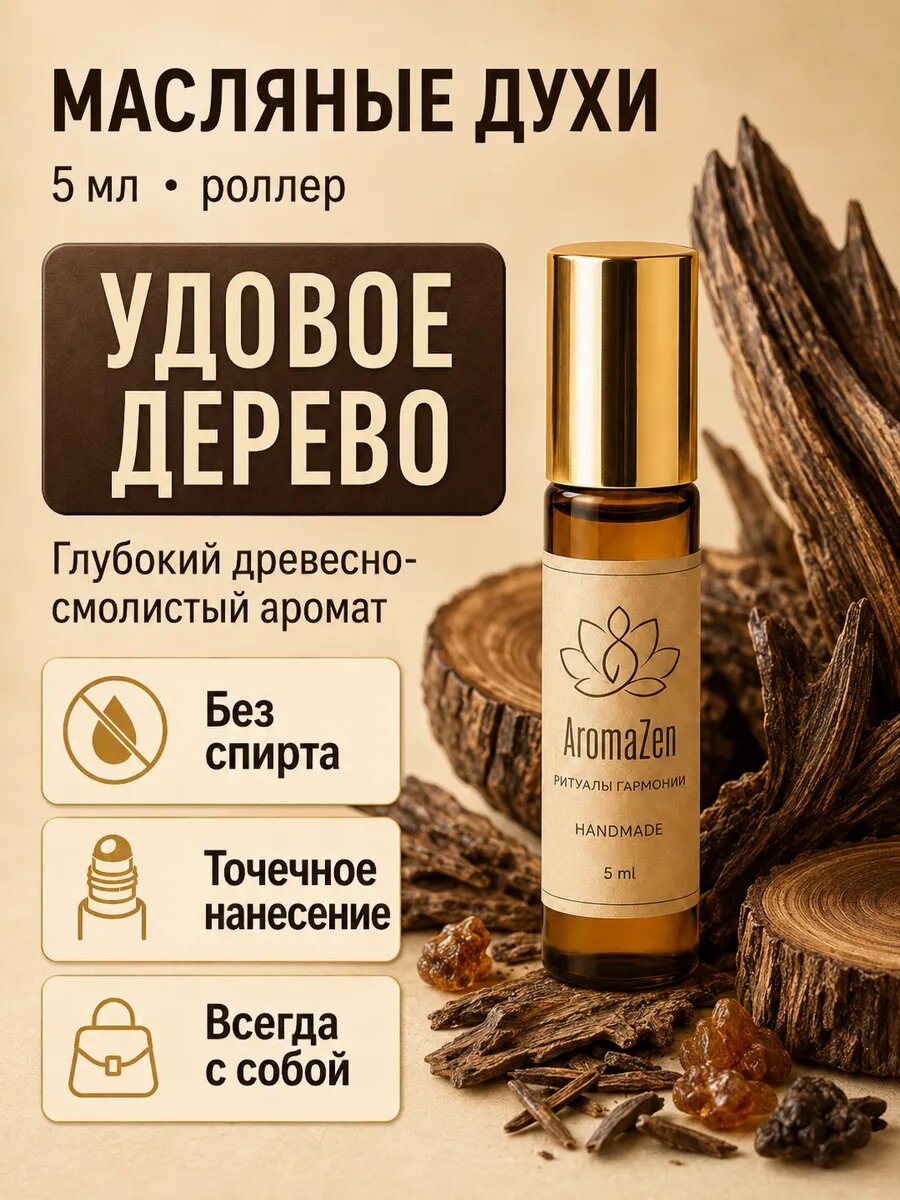 Масляные духи роллер "Удовое дерево", женские, без спирта, шариковые, 5 мл