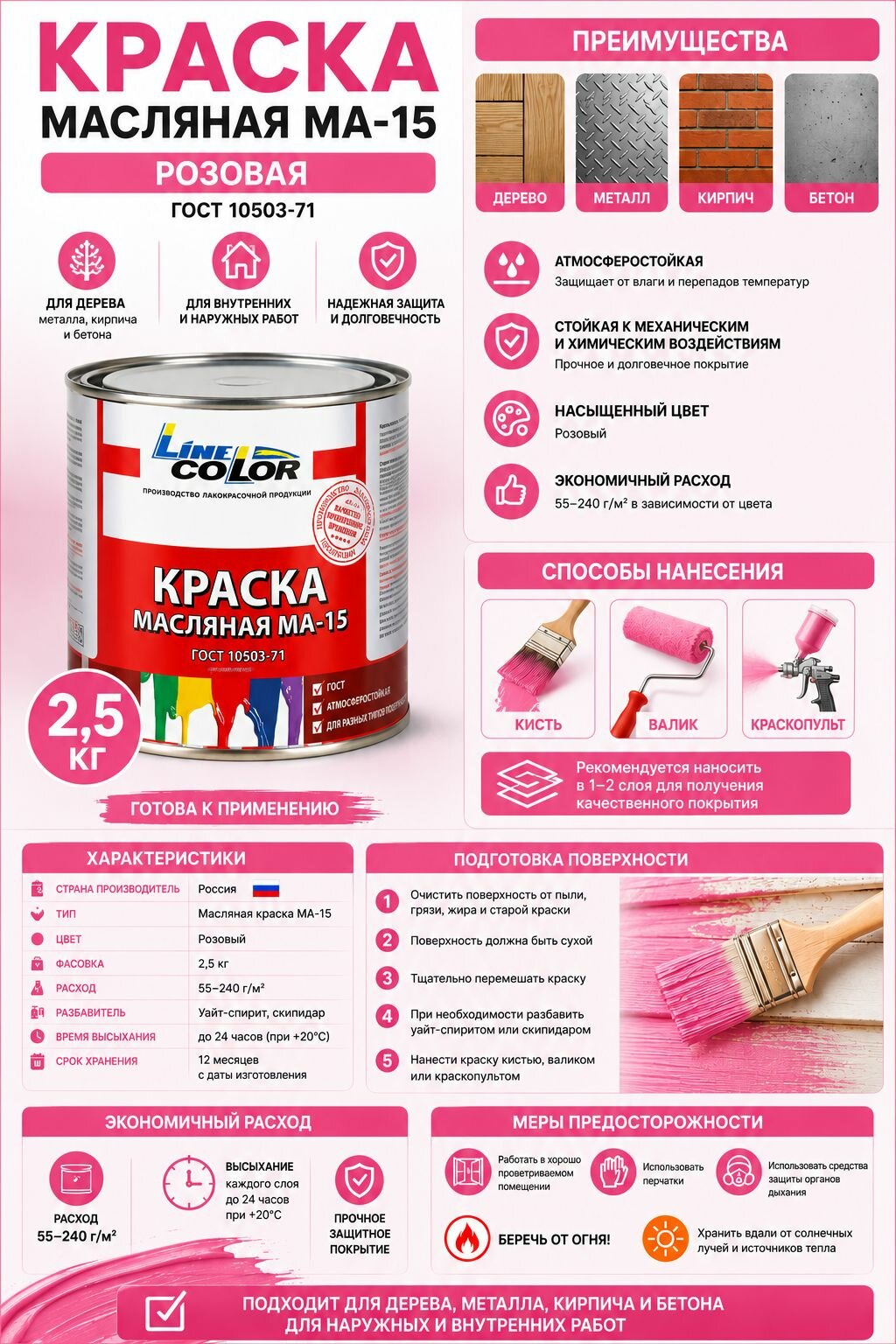 Краска масляная МА-15 по металлу, дереву, бетону, 2,5 кг. Розовая