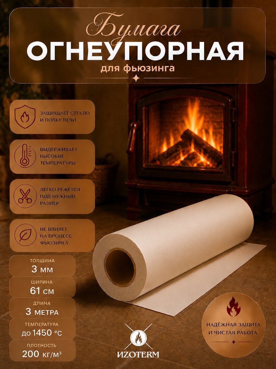 Огнеупорная керамическая бумага 3 мм, длина 3 м — для теплоизоляции, фьюзинга, печей и защиты мебели