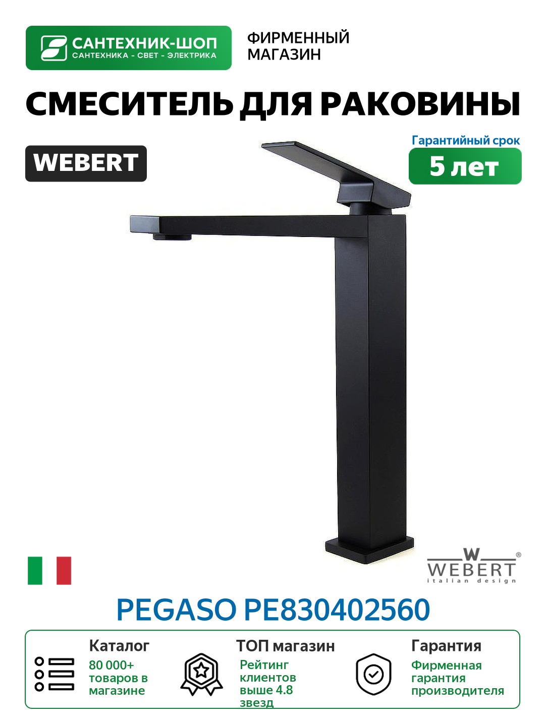Смеситель для раковины Webert Pegaso PE830402560 Черный матовый латунь