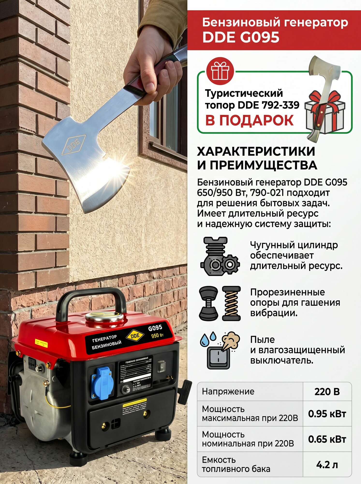 Бензиновый генератор DDE G095 (650/950Вт, бак 4,2 л); электростанция 220В; ручной стартер