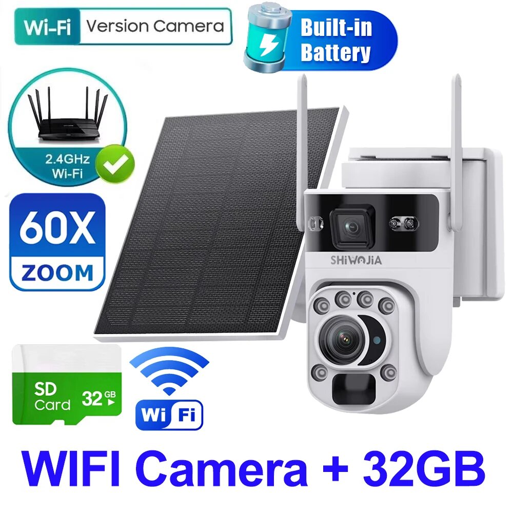 Камера безопасности SHIWOJIA 6K 12MP с 4G SIM-картой и солнечной батарейкой, 60-кратное увеличение, 360° обзор, наружная WIFI PTZ IP-камера с функцией PIR отслеживания людей, приложение UBOX