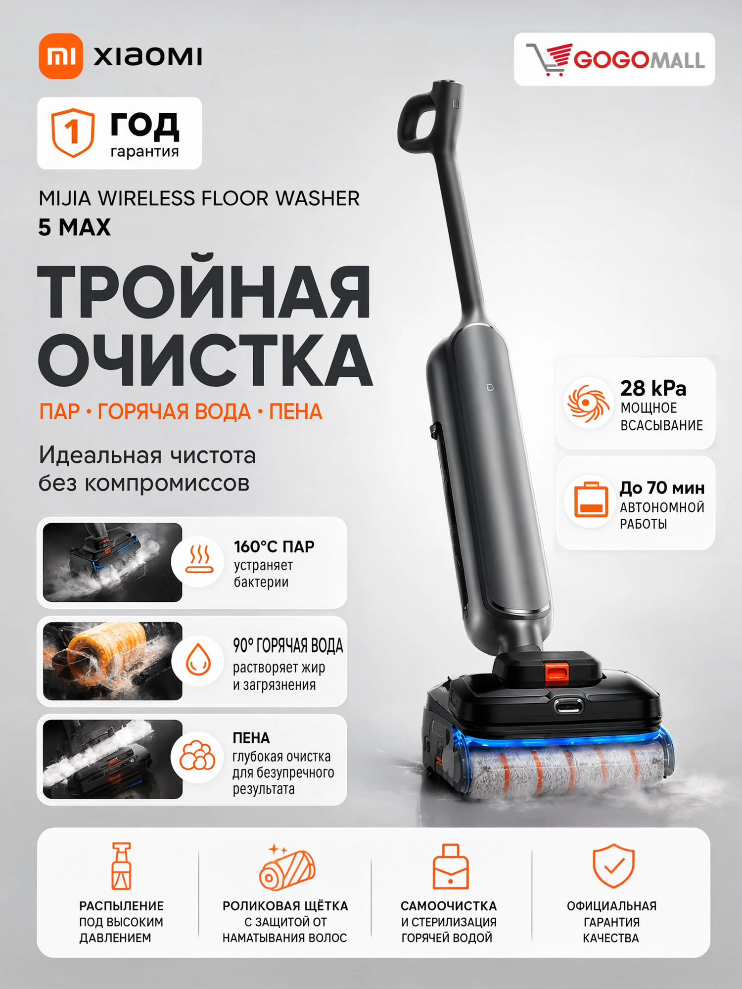 Беспроводная электрошвабра пылесос Xiaomi Mijia Wireless Floor Washing Machine 5 Max (F301)