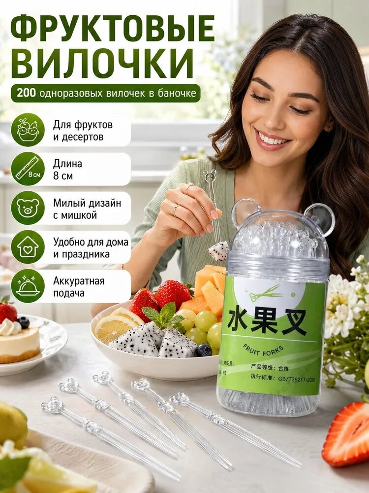 Название товара: Набор одноразовых вилочек для фруктов 200 шт. (1 коробки), 8 см, прозрачные, для десертов и закус