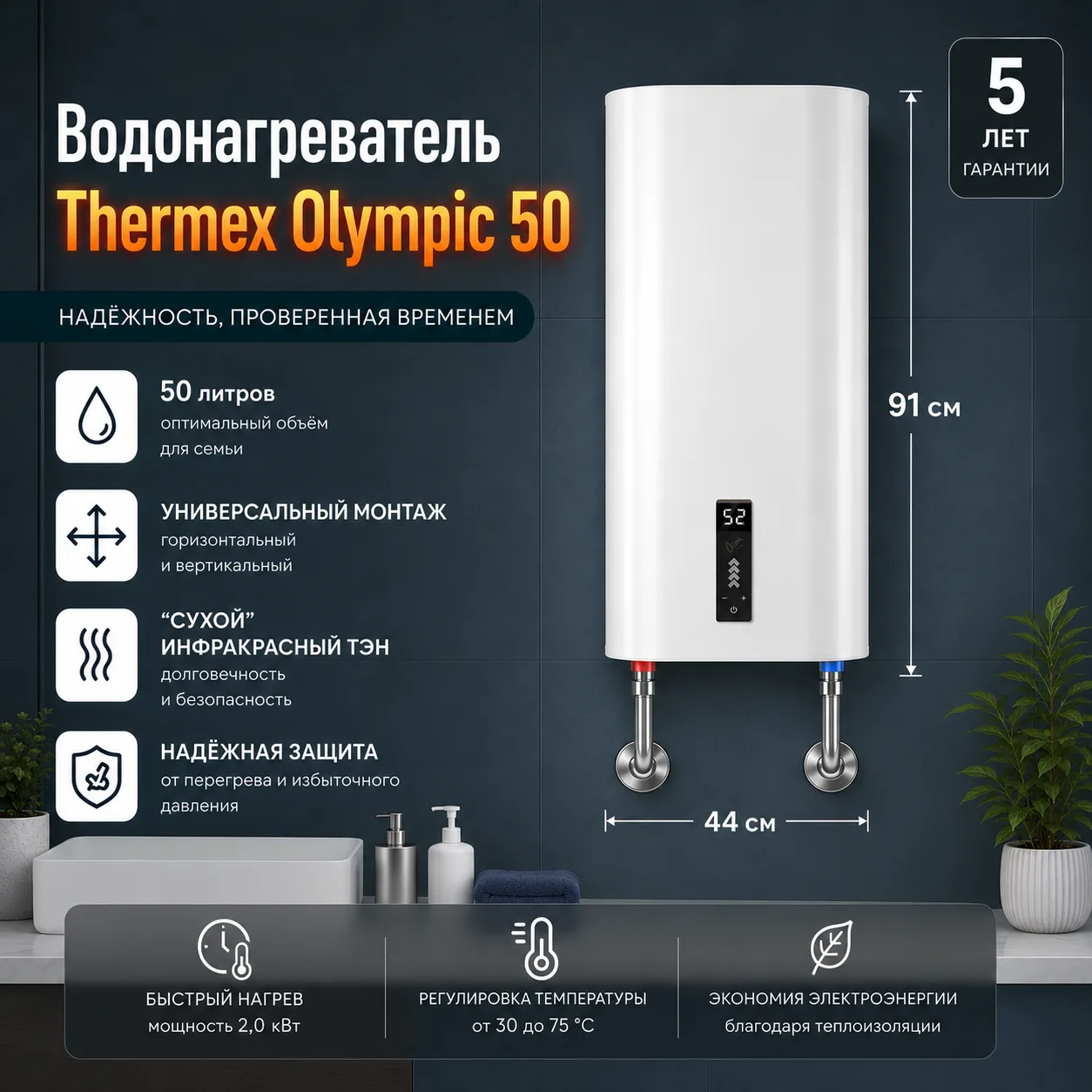 Водонагреватель Thermex Olympic 50, плоский, белый, универсальный монтаж, "сухой" инфракрасный ТЭН, 50 л, 2 кВт,