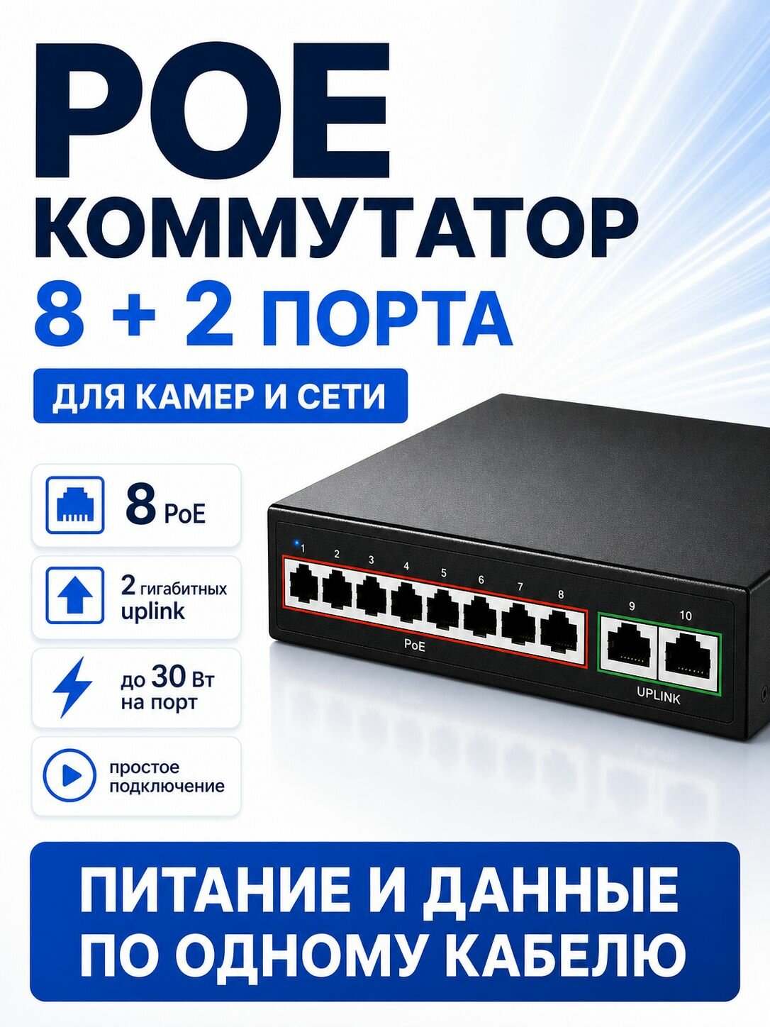 Мини-коммутатор POE F08G20-J на 8 портов (8+2) - 8*10/100 Мбит/с