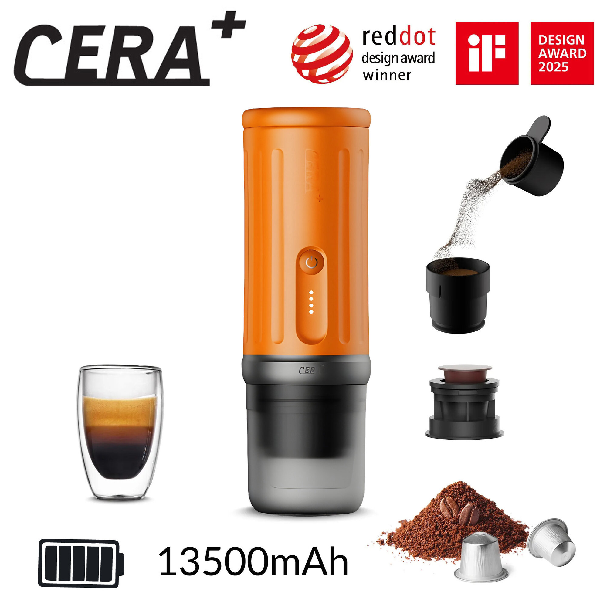 Аккумуляторная эспрессо кофемашина Cera+ PCM03S, 13500мАч, оранжевая