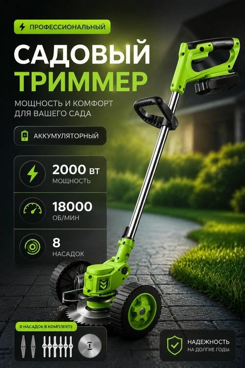 Триммеры с колесами аккумуляторный садовый с двумя аккумуляторами, газонокосилка ручная 20000 об. мин