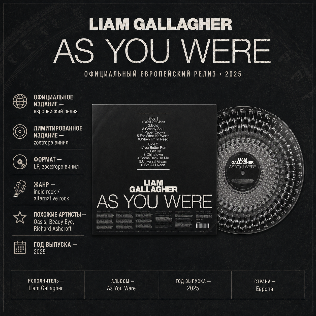 Liam Gallagher - As You Were (lim. zoetrope LP) новая лимитированная цветная пластинка