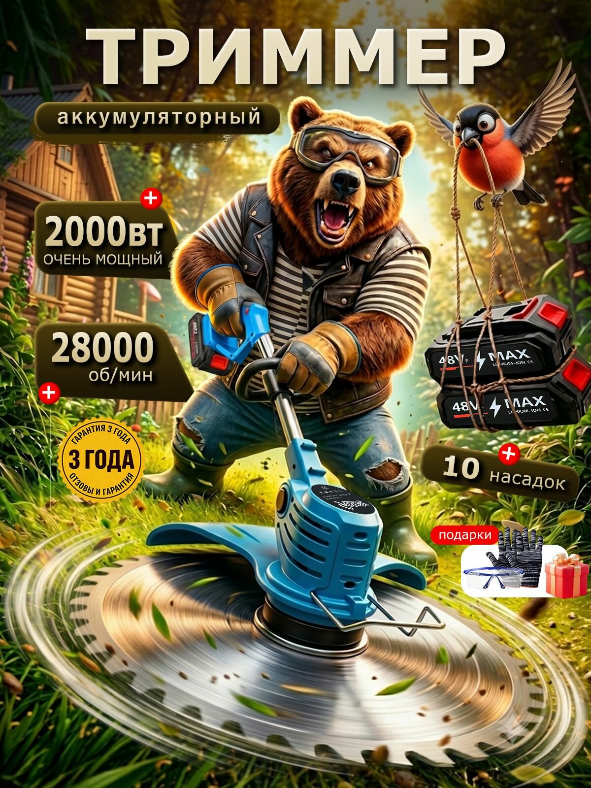 Триммер аккумуляторный садовый мощный, 28000 об/мин, 2 аккумулятора, мощный для травы, сенокосилка