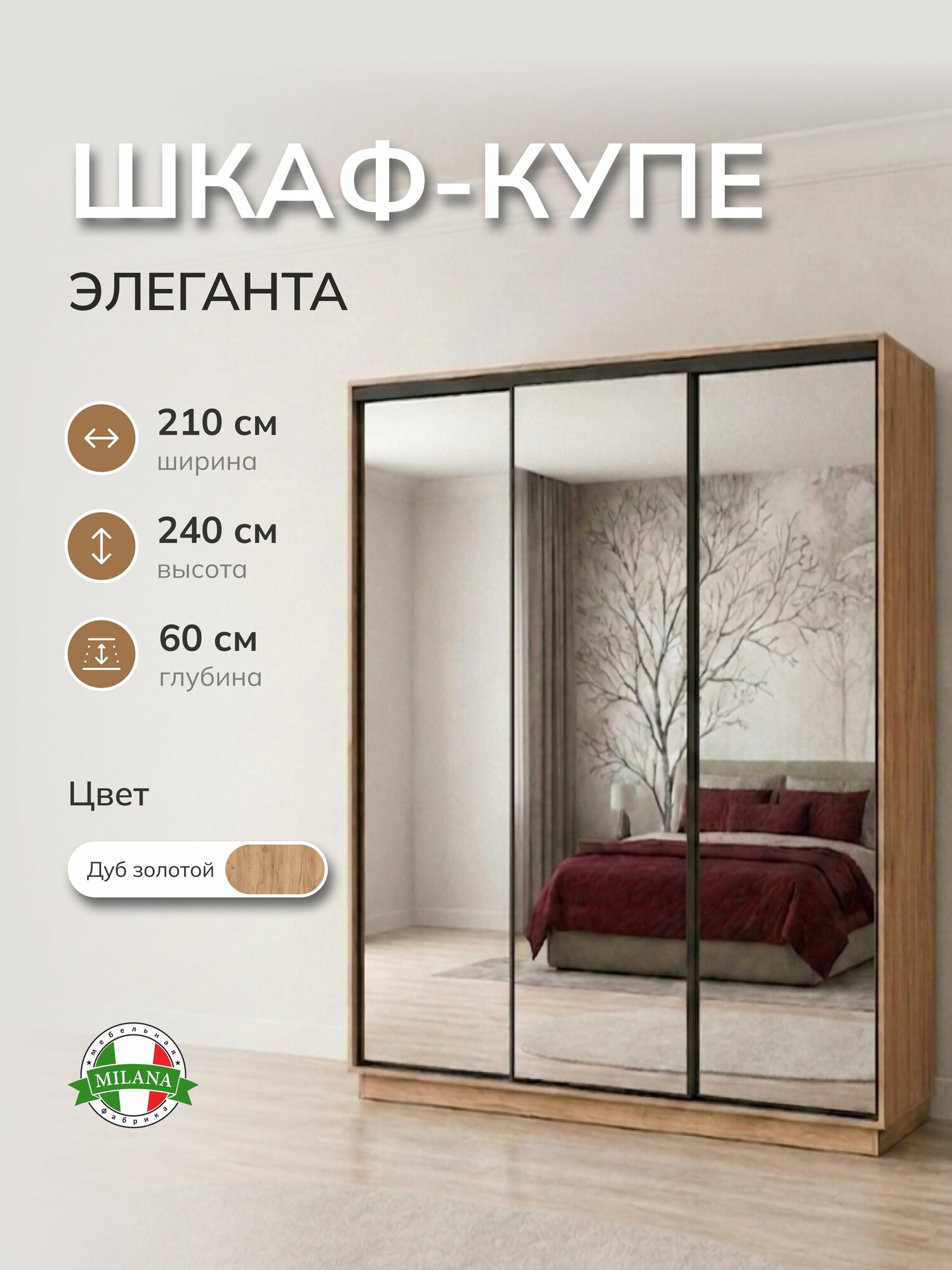 Шкаф купе зеркальный Элеганта трехстворчатый, 210х240х60 см