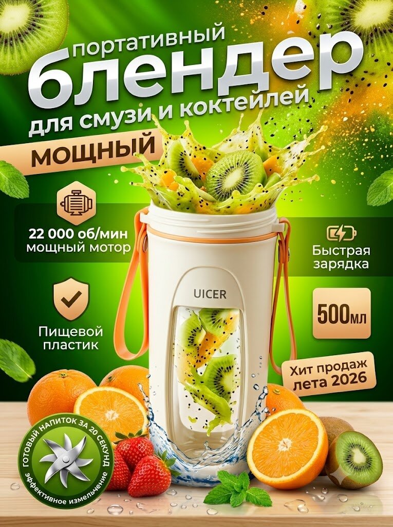 Портативный блендер беспроводной для смузи и коктейлей, 3 скорости с дисплеем, белый