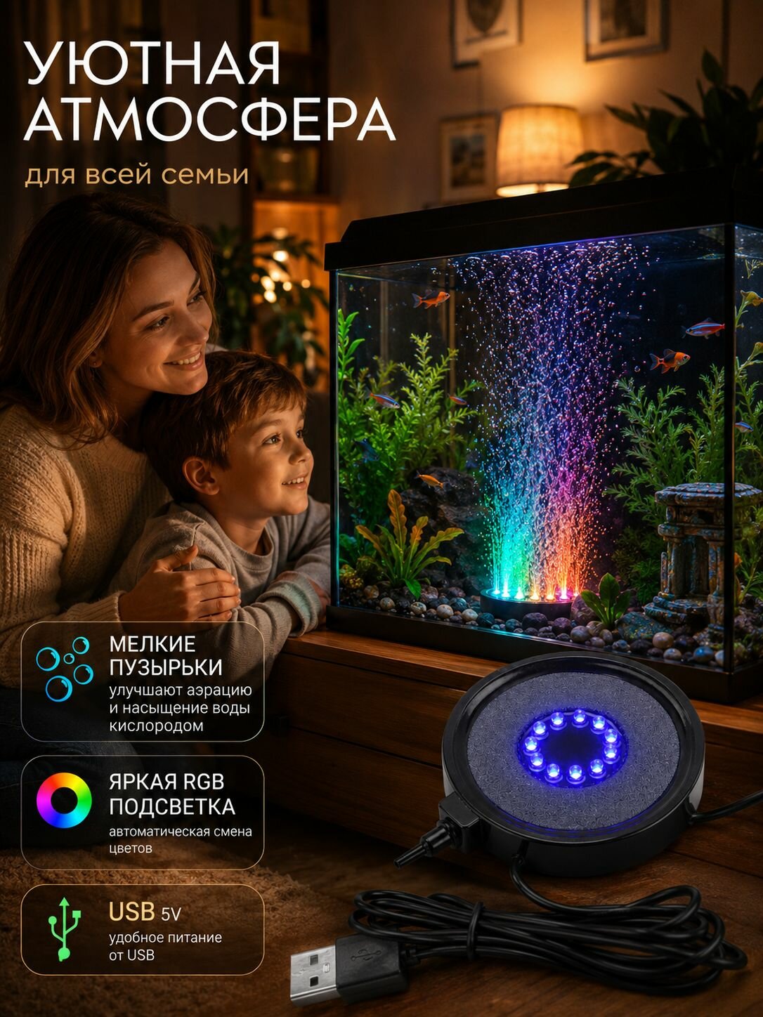 LED аэратор для аквариума с RGB подсветкой 50 мм, USB 5V, автоматическая смена цветов, пузырьковый распылитель, декоративная аэрация для рыб и акваскейпа