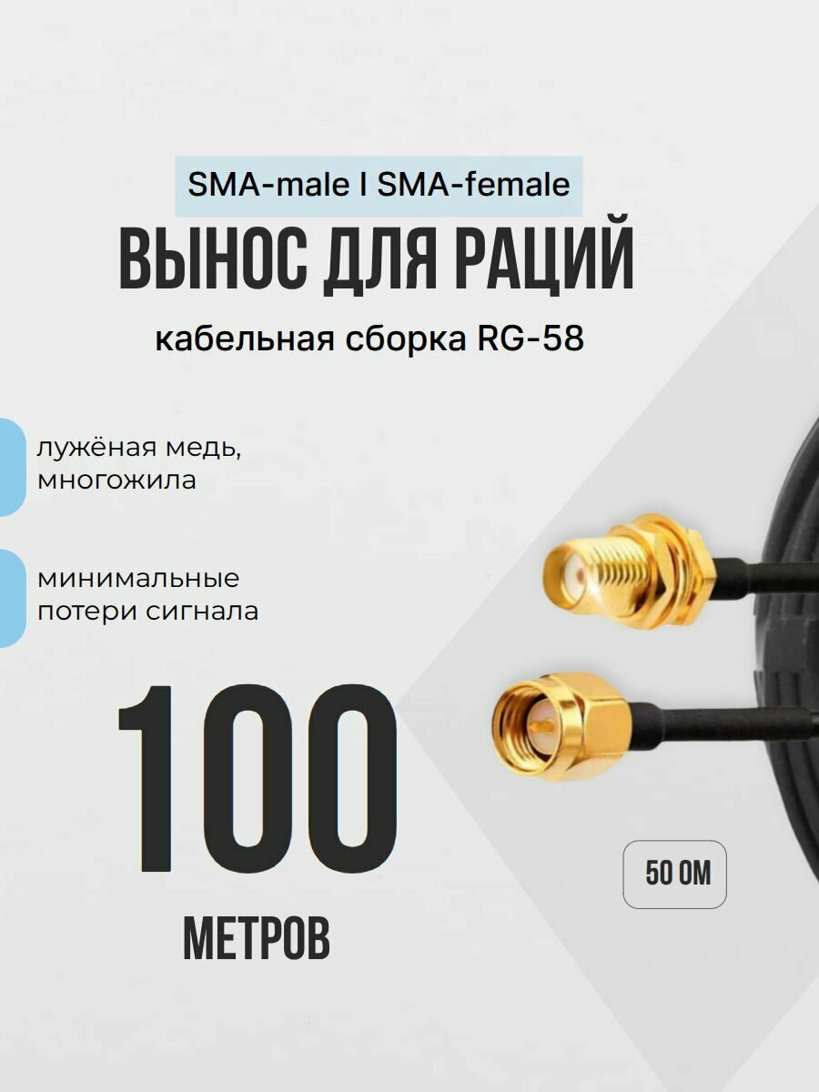 Вынос для раций Baofeng, TYT, Lira SMA папа-мама, 100 метров, кабель RG-58, кабель RG-58 50 Ом, удлинитель с разъёмами sma-female и sma-male