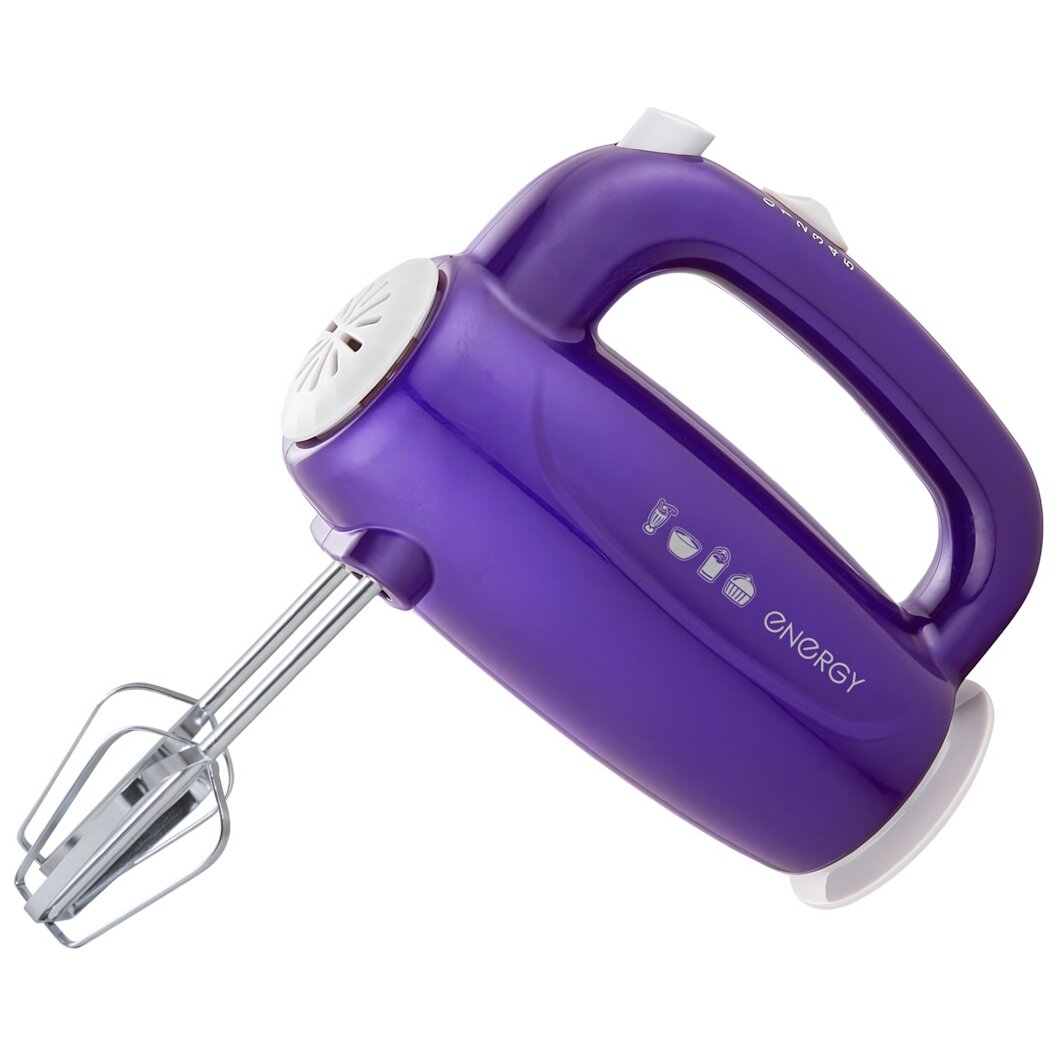 Миксер ENERGY EN-295P ручной, 5 скоростей, 300 Вт, стальные венчики, крюки для теста, фиолетовый