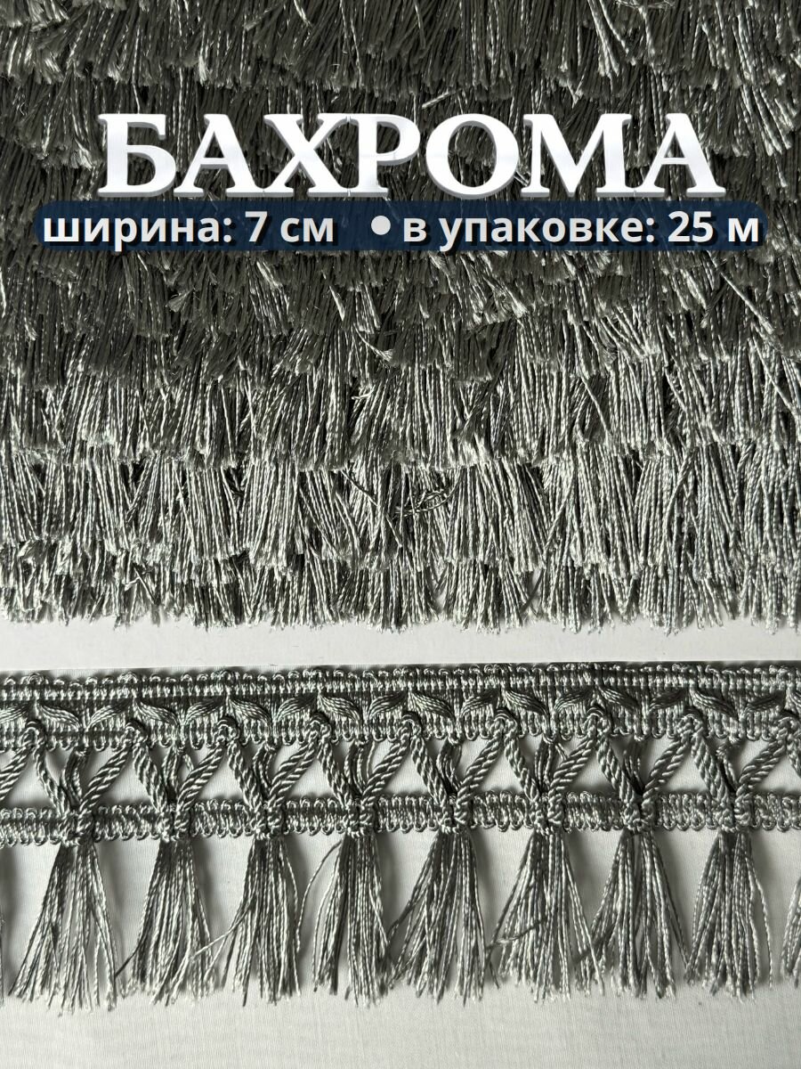 Бахрома для штор, покрывал, тесьма с кисточками для мебели, ширина 7 см, цв. серый, длина 25 метров