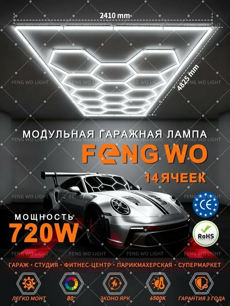 Светодиодное освещение для гаража/автосервиса LED Workshop, панель соты 7000К/720W размер