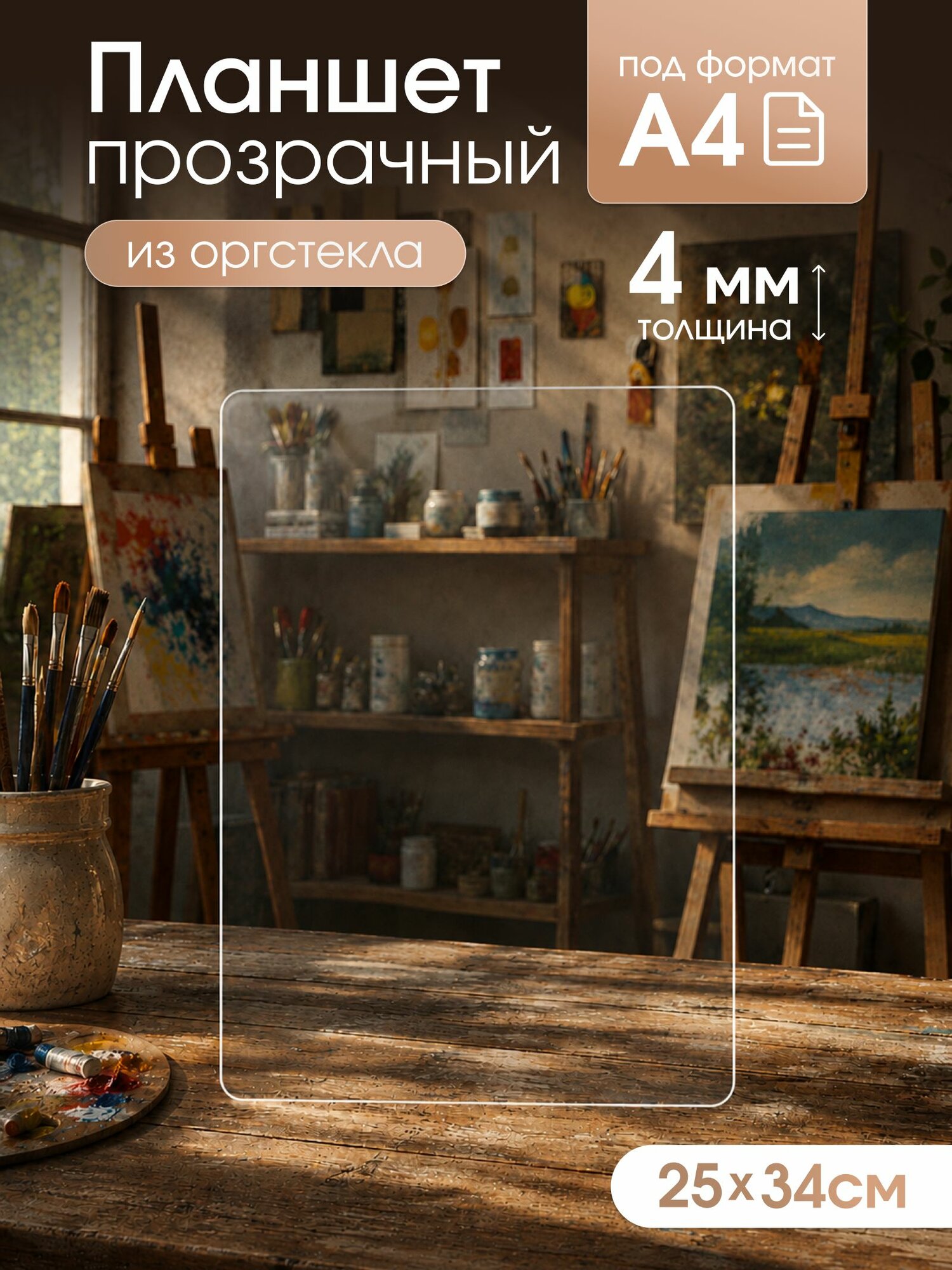 Планшет для пленэра из экструзионного оргстекла, 25х34см (формат А4), толщина 4мм