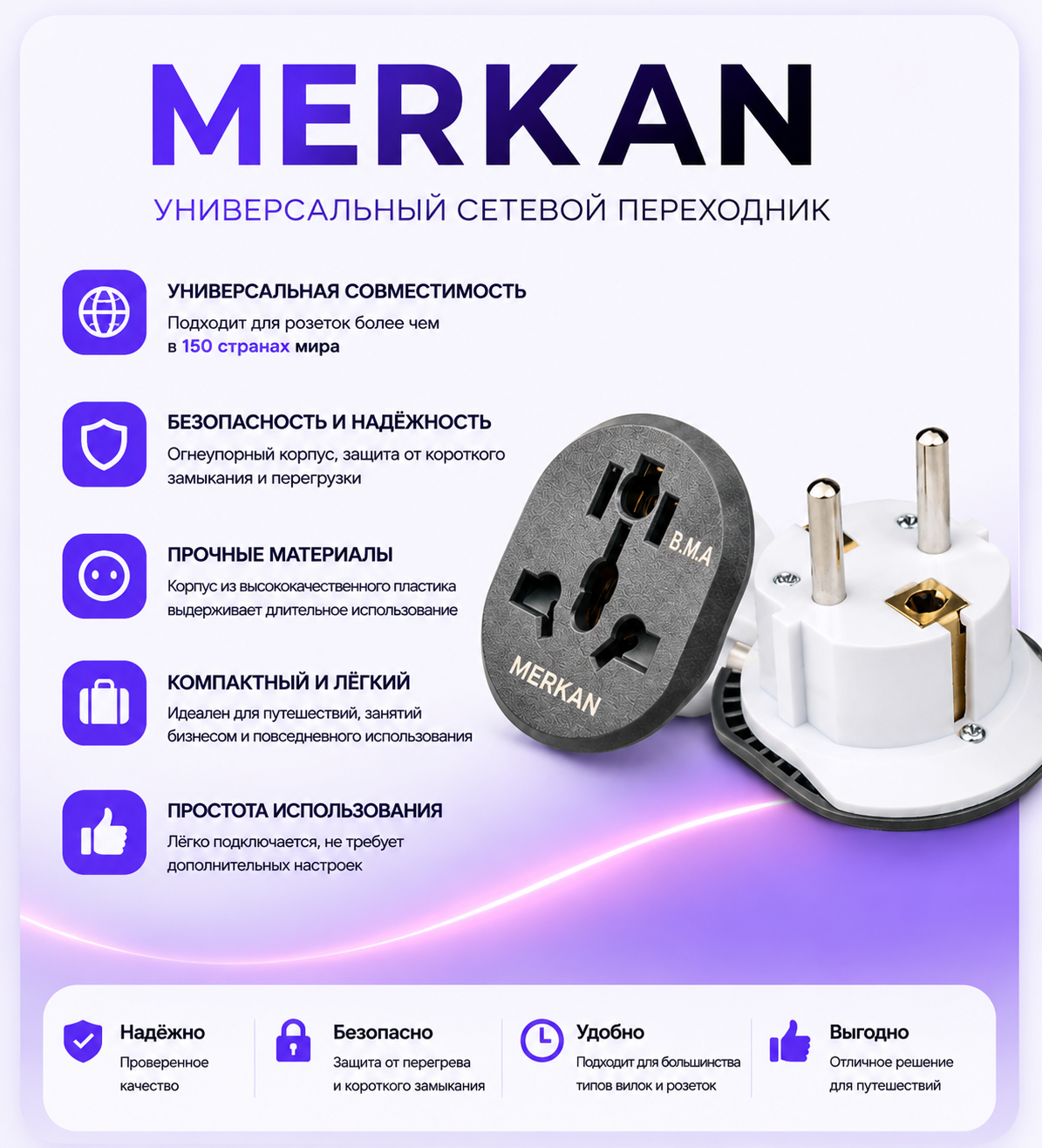 Универсальный сетевой переходник Merkan 16A, 2500 Вт, CH/EU/UK/HK/IN, белый/серый