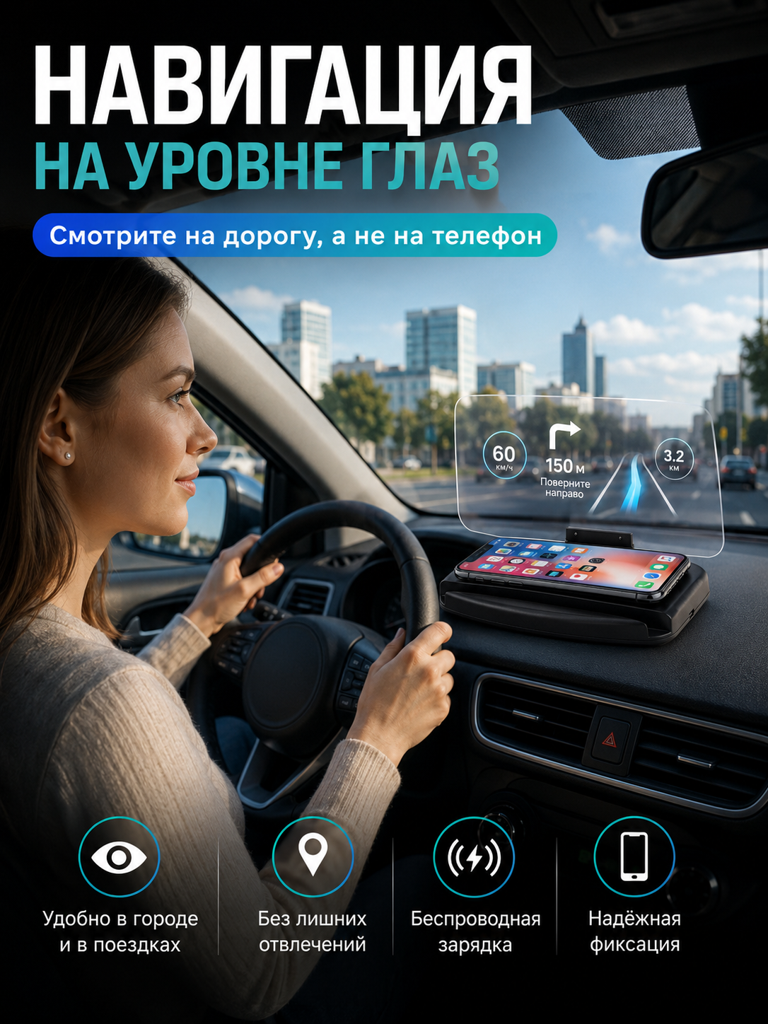 HUD-навигатор 2-в-1 для авто, беспроводная зарядка и держатель телефона на панель, складной проекционный дисплей