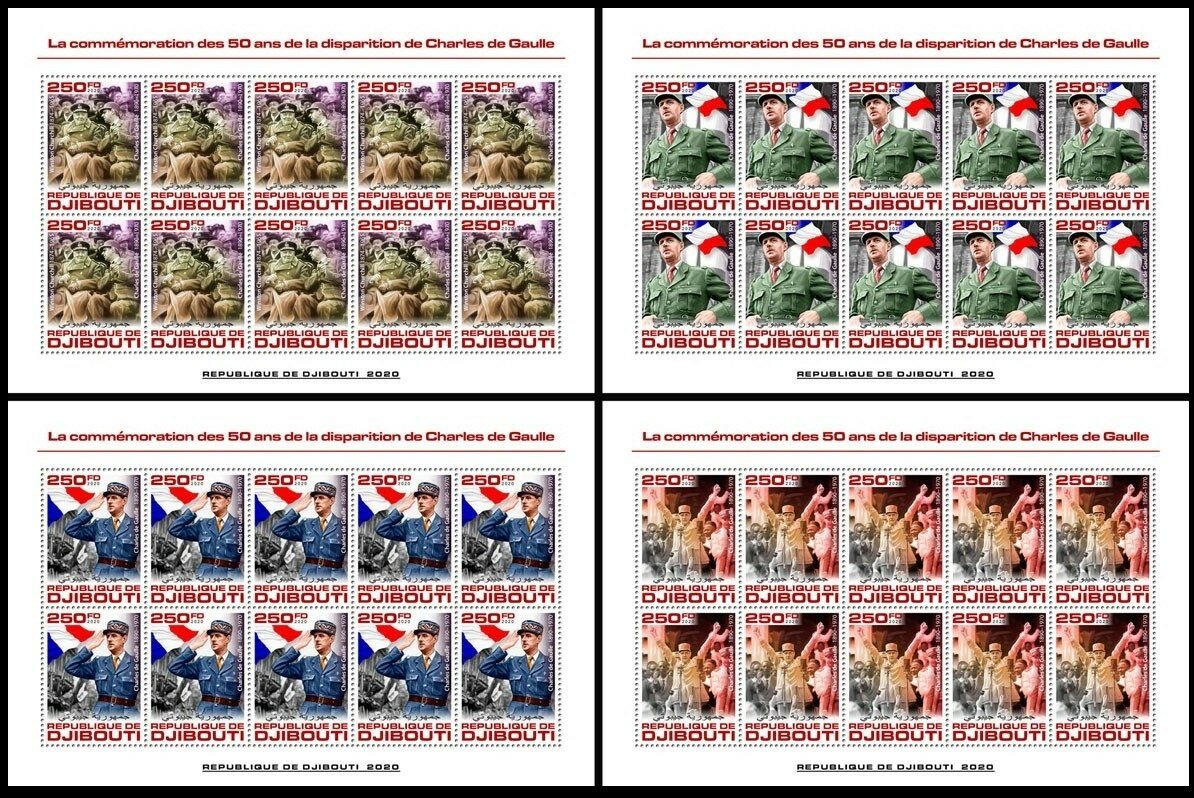 Марки 2020 год Джибути Шарль де Голль Вторая мировая война #3476-3479 ! 4 полных листа Mnh