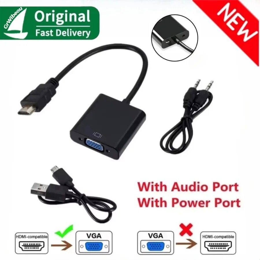 GRWIBEOU HDMI-VGA адаптер 1080P черный Black With 2 Cables