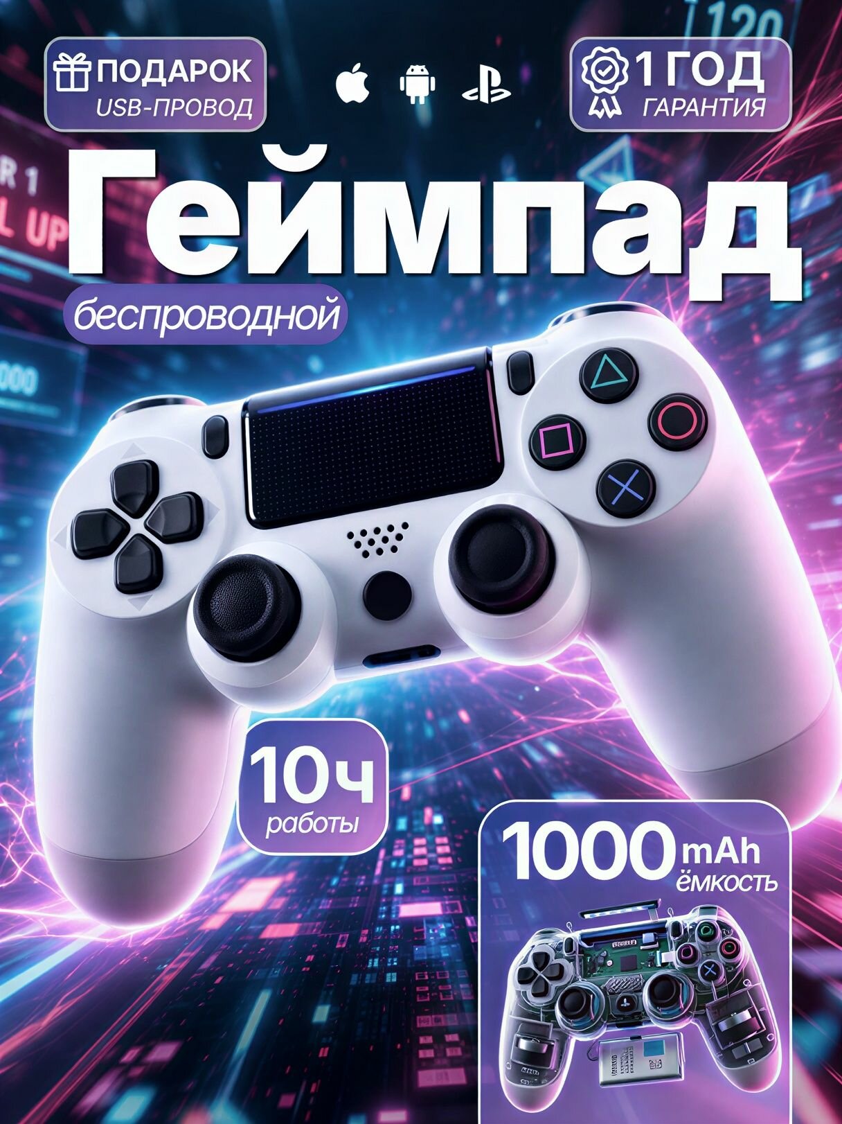 Геймпад для ПК и консоли PS4 беспроводной, цвет белый. Джойстик Bluetooth