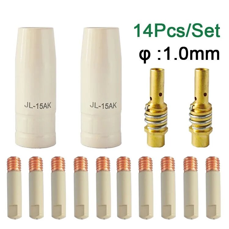 14 шт. (1.0mm)MB-15ak Защити покрытие от липких аксессуаров Набор комплектующих для сварочного полуавтомата, диффузор, сопло цилиндрическое, наконечники токовые