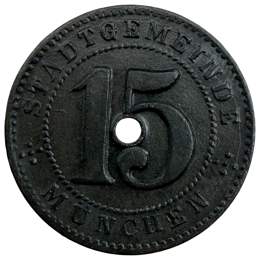 Германия, Германская империя, Мюнхен 15 пфеннигов 1918 г. (Отверстие 1.9 мм.)