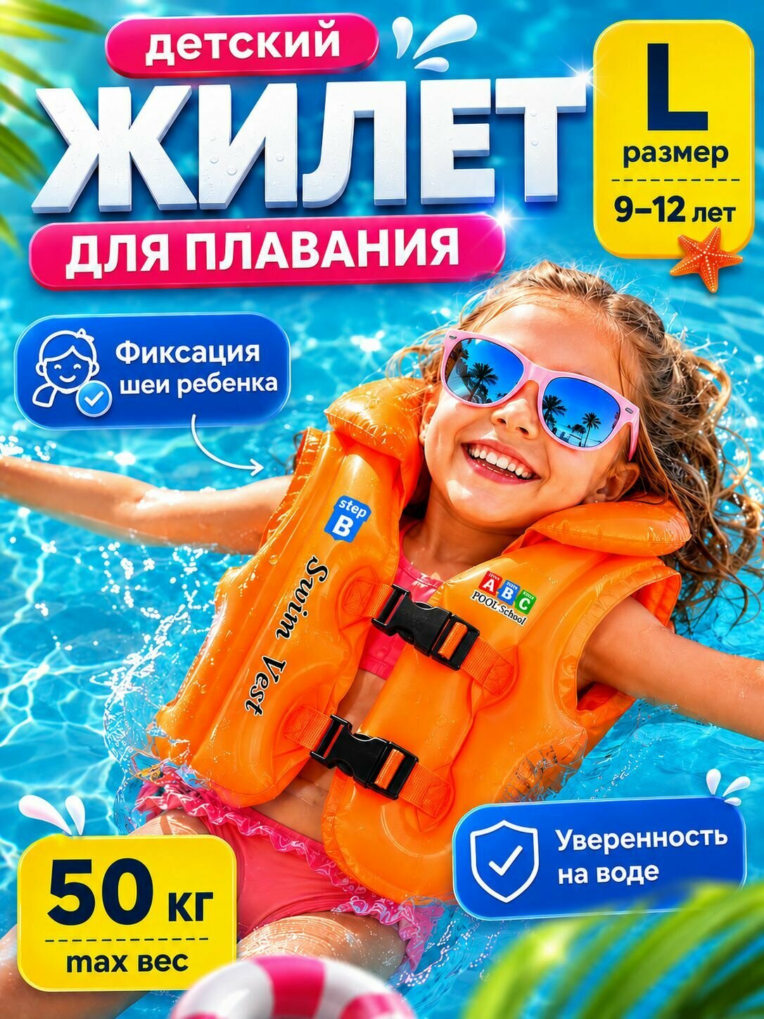 Жилет надувной детский для плавания Ж01 спасательный, размер L (А), 9-12 лет, оранжевый