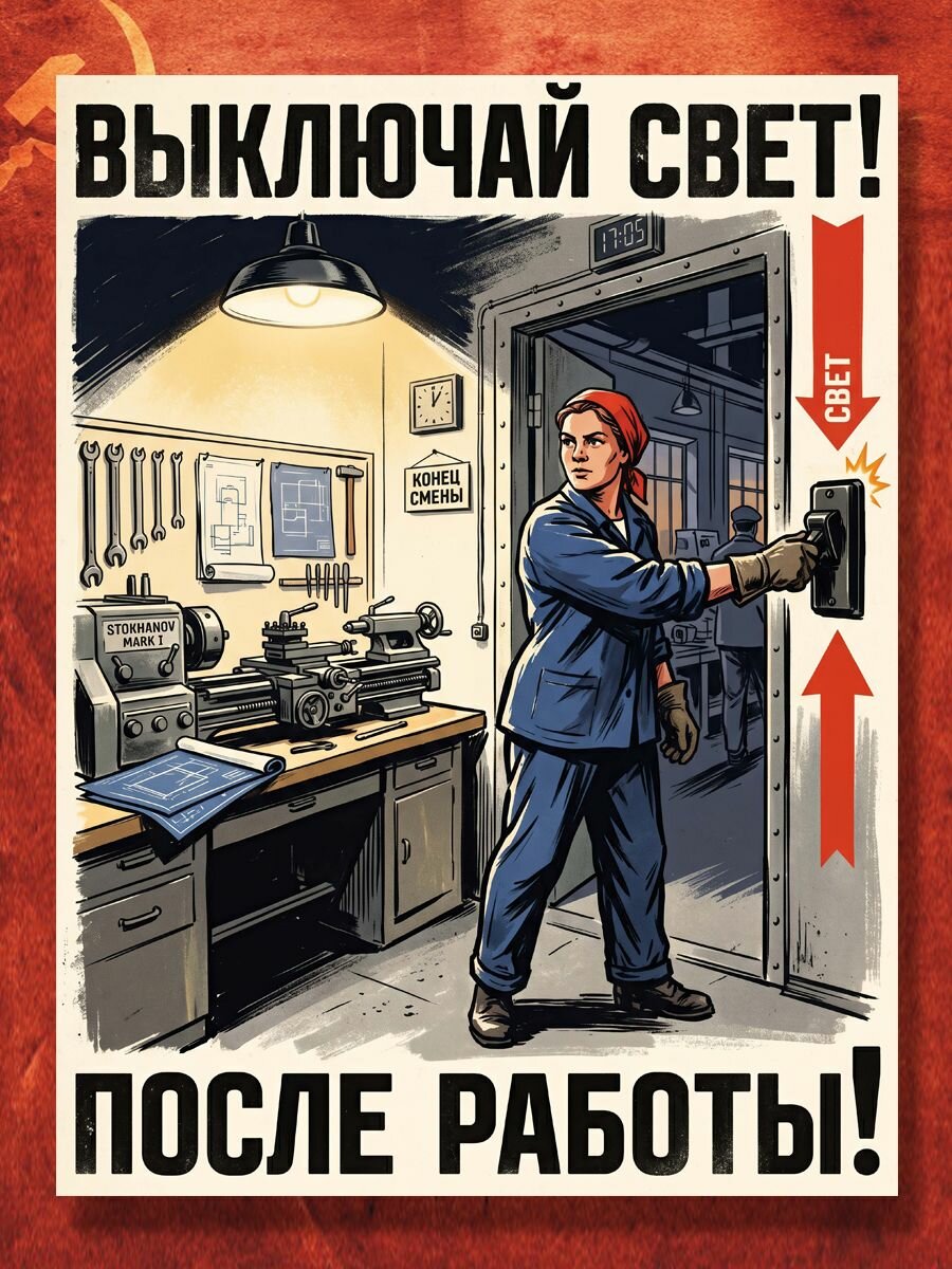 Постер СССР "Выключай свет после работы!" - 30х40см (без рамки)