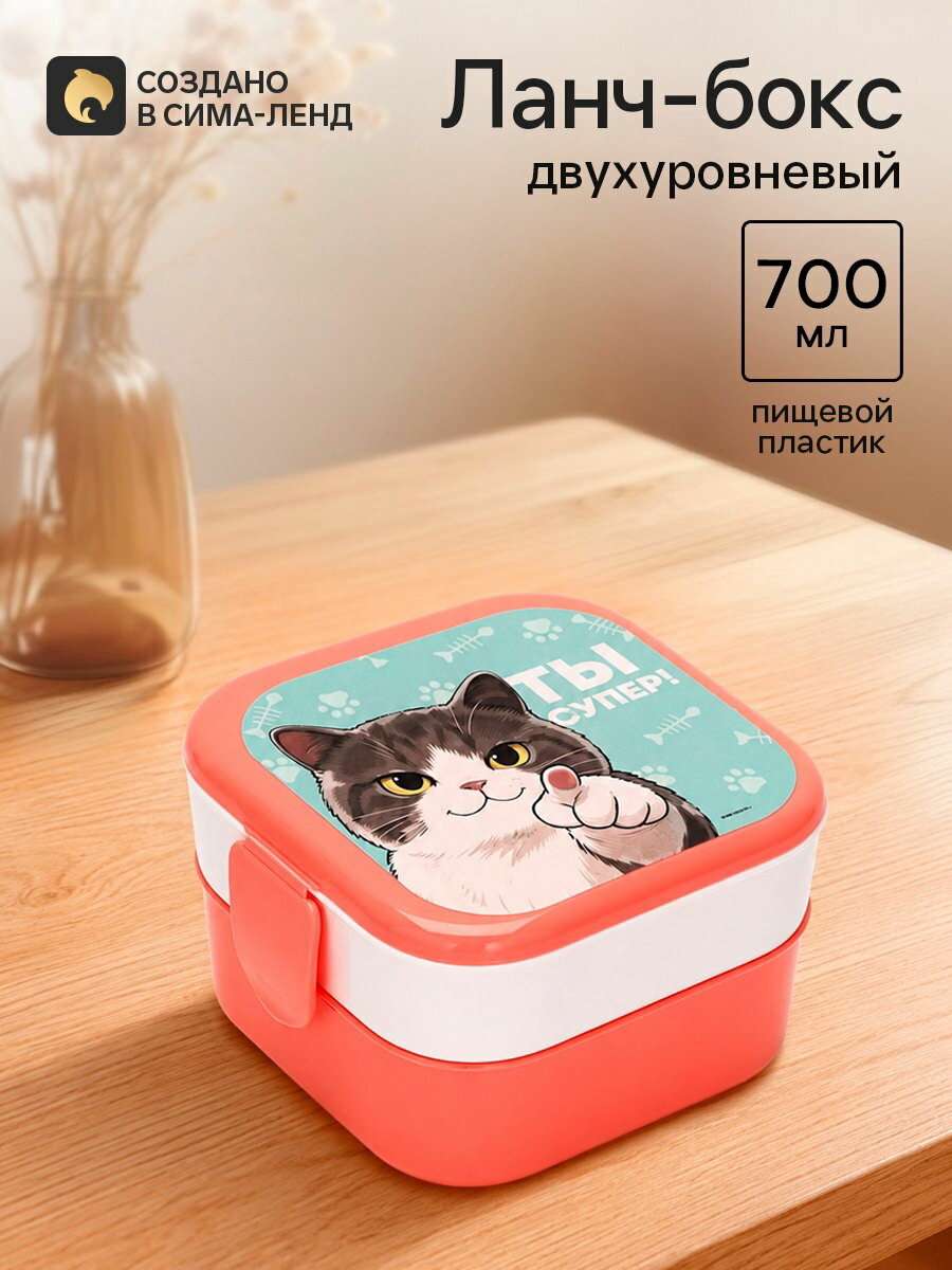 Ланч-бокс двухуровневый "Котик", розовый, 700 мл, особенности: двухуровневый