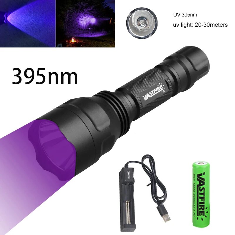 VASTFIRE C8 УФ фонарик 395 нм черный Фиолетовый, 395nm with battery
