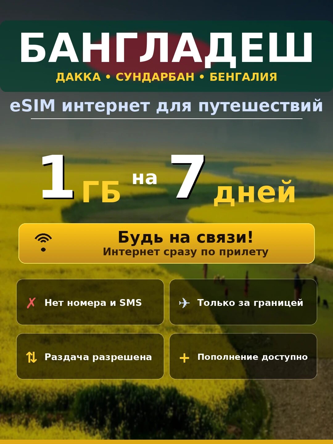 ESIM Бангладеш — мобильный интернет 1 ГБ на 7 дней | виртуальная SIM-карта для путешествий