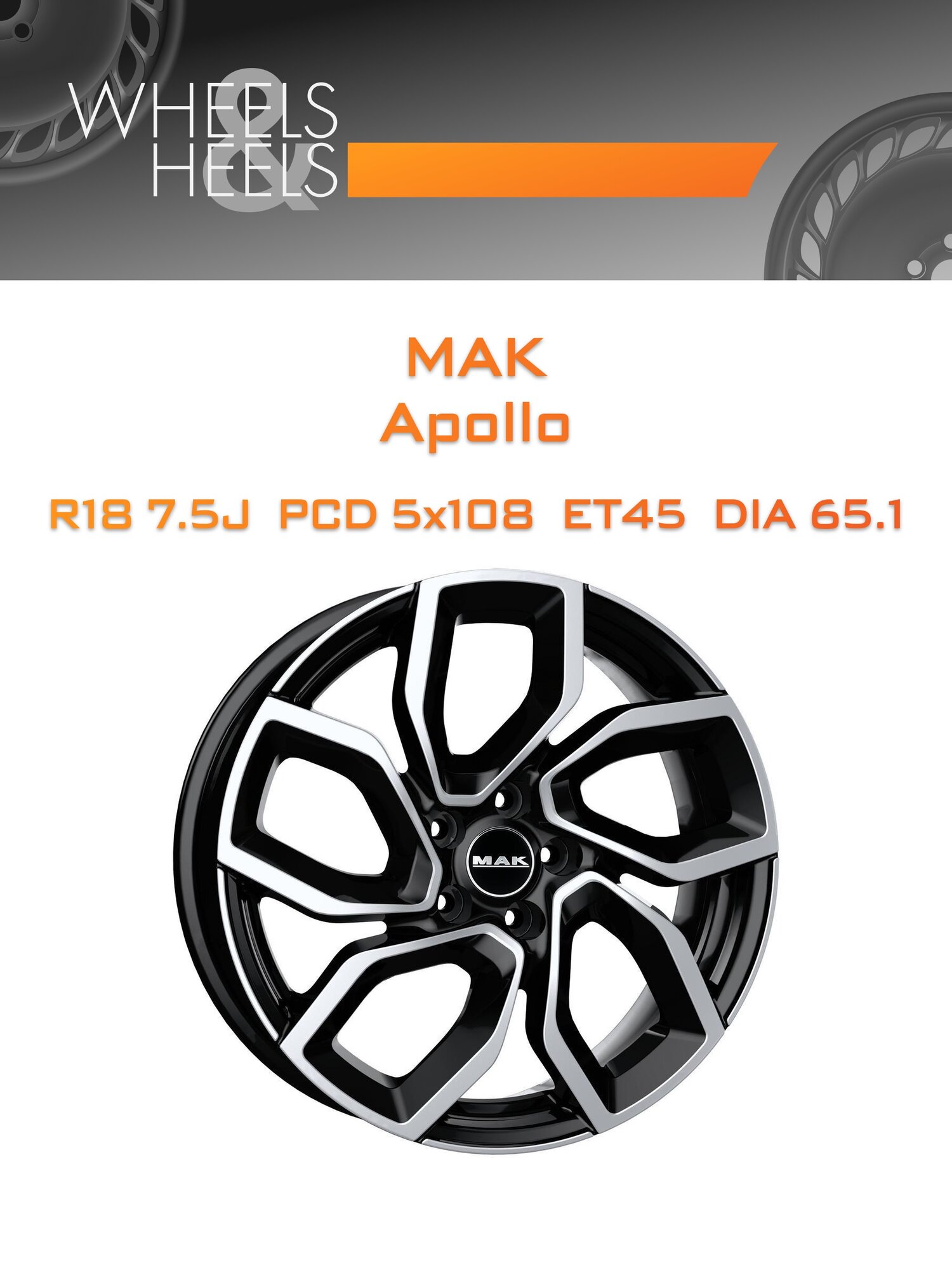 Диск автомобильный литой MAK Apollo 18x7.5 5x108 et45 dia65.1 Чёрный глянцевый с полированной лицевой частью