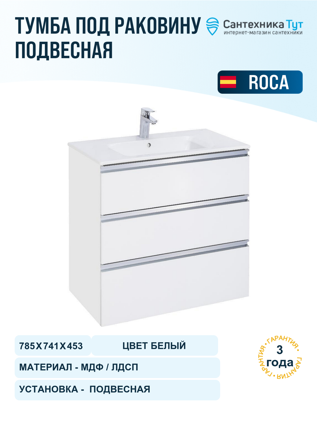 Тумба под раковину Roca The Gap 80 A857406806 подвесная Белый глянец