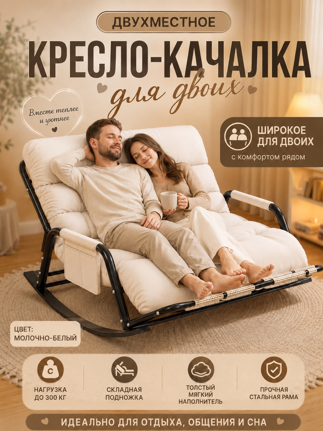 Кресло-качалка двухместное мягкое с подножкой, стальная рама, до 300 кг