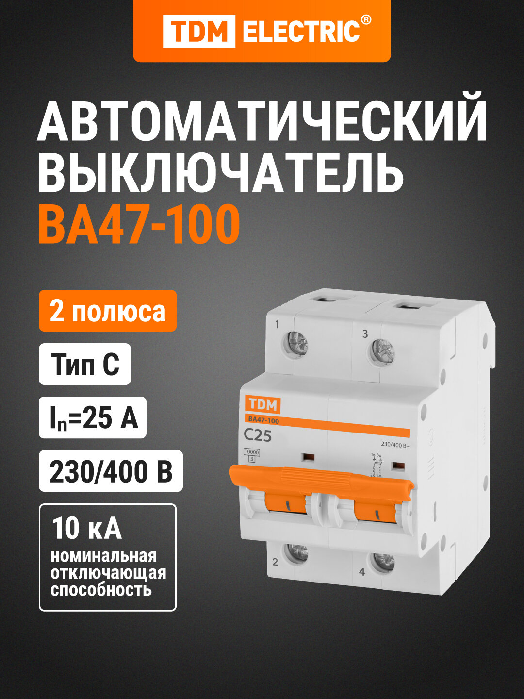 Автоматический выключатель ВА47-100 2Р 25А 10 кА тип С TDM Electric