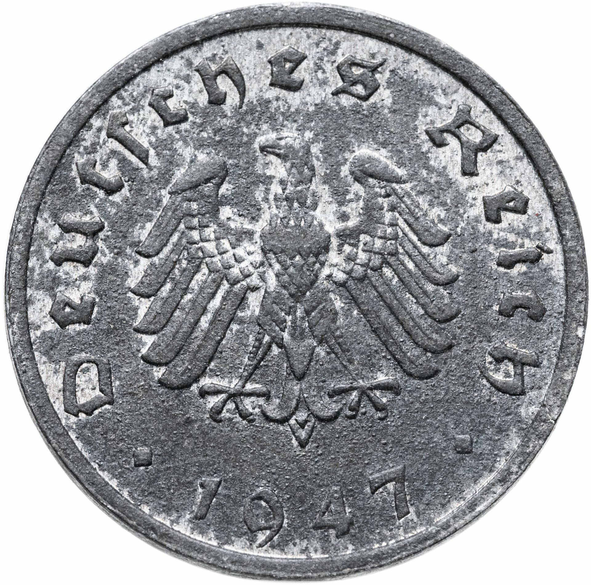 Германия, послевоенная оккупация 10 рейхспфеннигов reichspfennig 1947, знак монетного двора: "F" - Штутгарт, Цинк, в сохранности VF