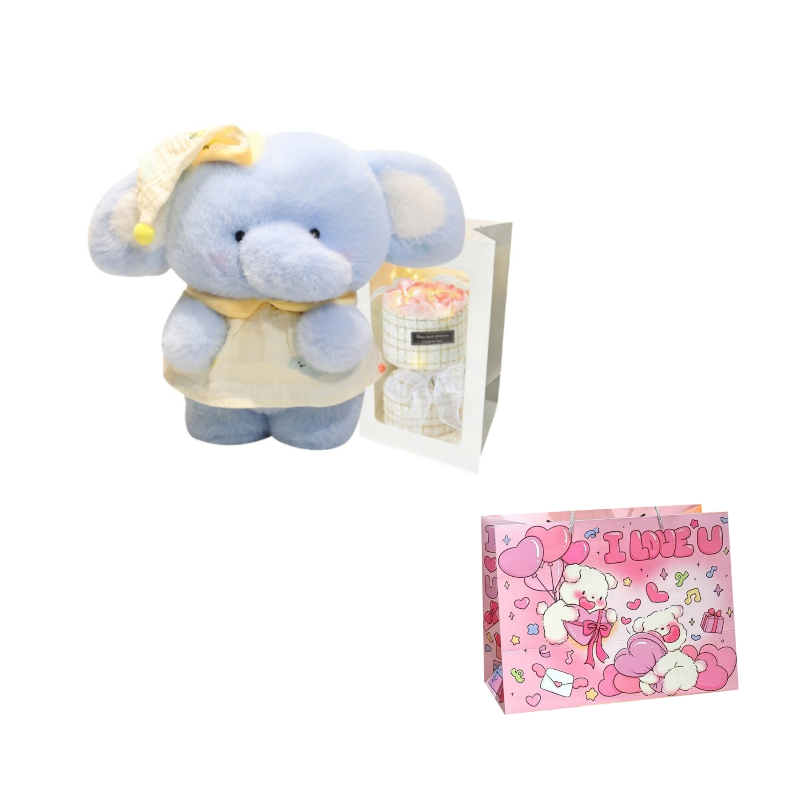 Плюшевая игрушка унисекс PUDOWRABBIT Слоны Куклы 25CM EU, Pajamas Elephant+Litchi Pink Bouquet